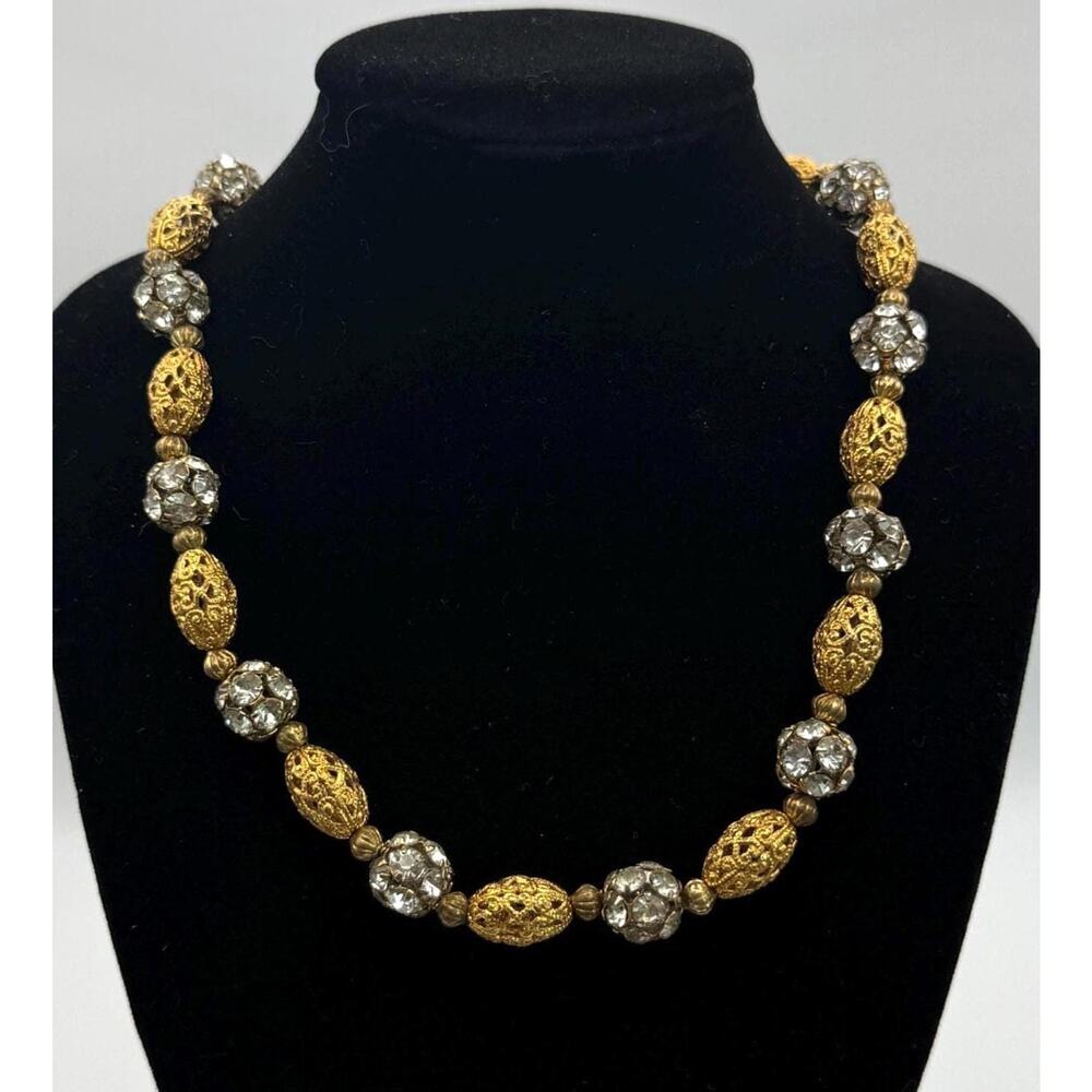 Vintage 1950s Pave Rhinestone & Filigree Bead Stateme… - Gem